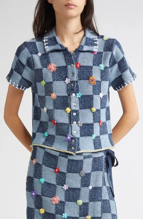 YANYAN Floral Ribbon Checkerboard Cardigan