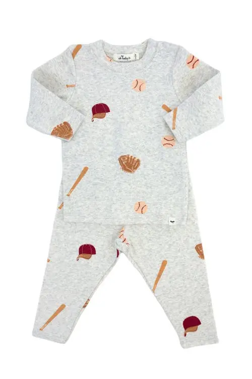 OH BABY! Baseball Print Two Piece Set - Heather Grey