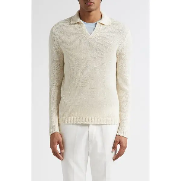 Thom Sweeney Skipper Wide Gauge Linen Blend Polo Sweater