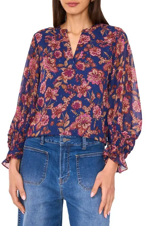 Vince Camuto Floral Split Neck Top - Deep Sky