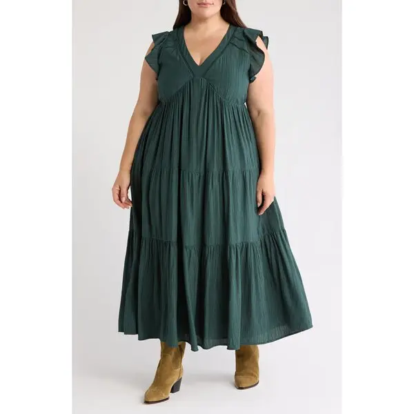 Treasure & Bond Crinkle Finish Flutter Sleeve Maxi Dress - Green Gables