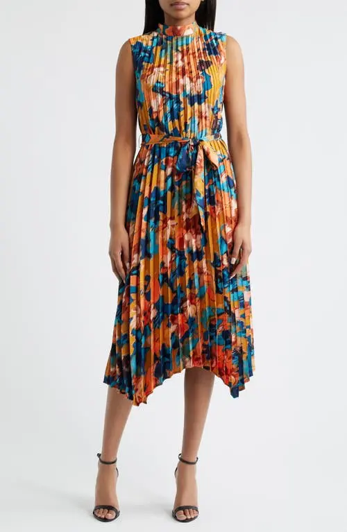 TAHARI ASL Abstract Print Pleated Belted Dress