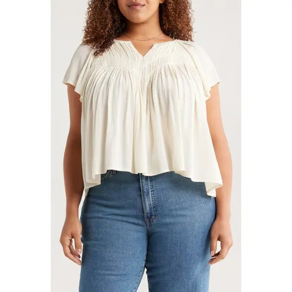 Treasure & Bond Shirred Raglan Sleeve Gauze Top - Ivory Dove