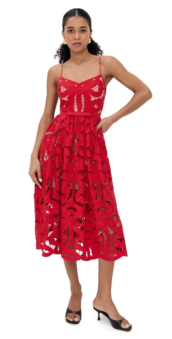 SELF-PORTRAIT Bow Embroide Midi Dress - Red