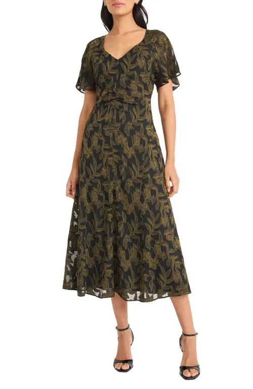 Maggy London Ruched Flutter Sleeve Midi Dress
