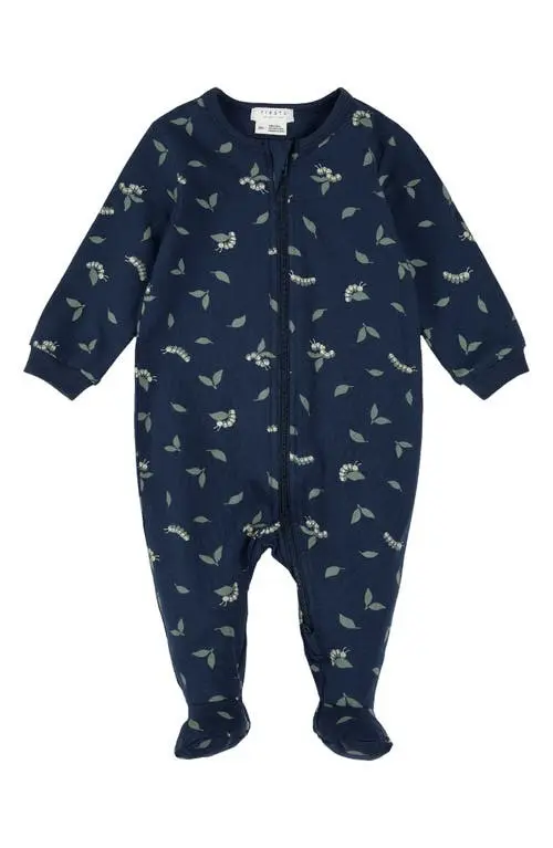 PETIT LEM Caterpillar Print Footed One-piece Pajamas - Navy