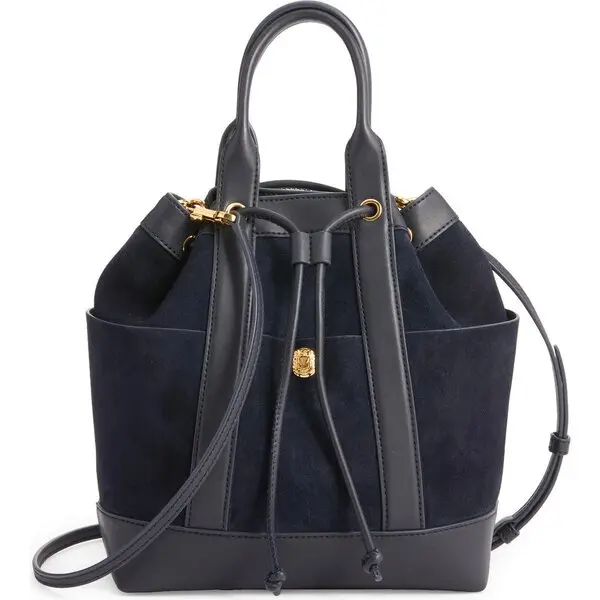 Veronica Beard Goody Suede & Leather Bucket Bag - Navy