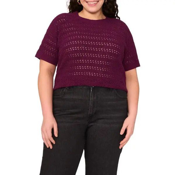 Vince Camuto Short Sleeve Open Stitch Crewneck Sweater