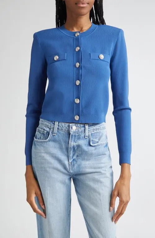 L'Agence Toulouse Crewneck Crop Cardigan - Bay Blue/nickel