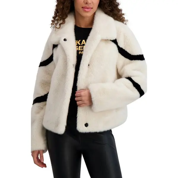 Karl Lagerfeld Paris Stripe Short Faux Fur Coat