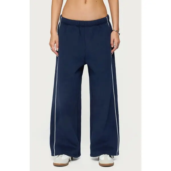 EDIKTED Contrast Piping Wide-leg Sweatpants - Navy