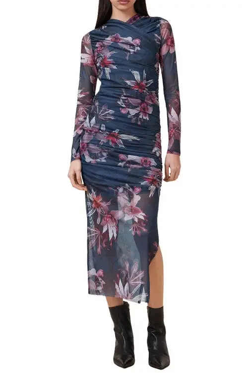 All Saints Hanako Long Sleeve Mesh Midi Dress - Adena Deep Blue