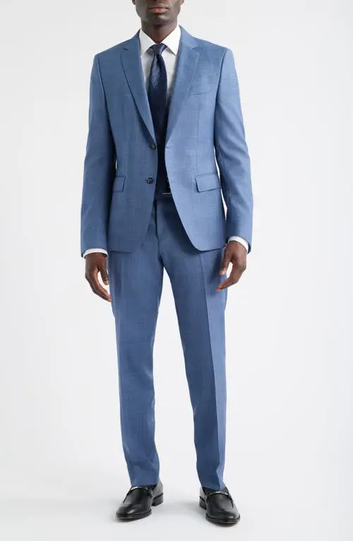 Hugo Boss Huge Slim Fit Blue Plaid Wool Suit - Open Blue