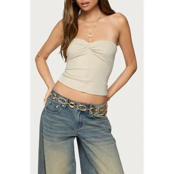 EDIKTED Twist Front Strapless Crop Top
