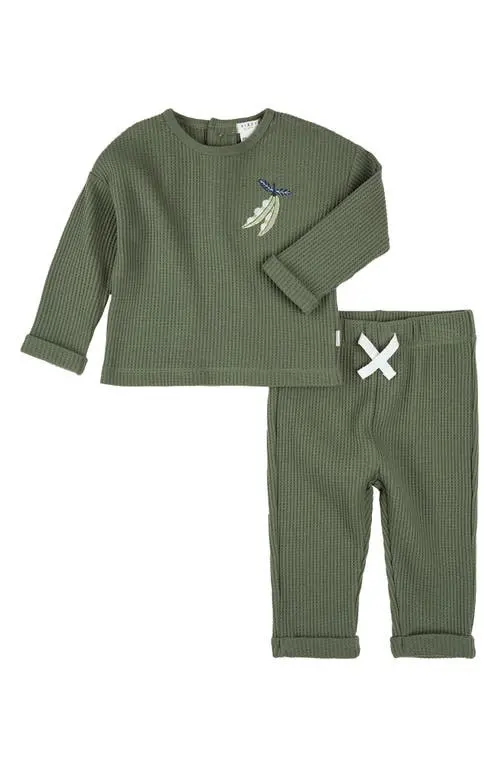 PETIT LEM Pea Pod Embroidered Waffle Knit Top & Pants Set