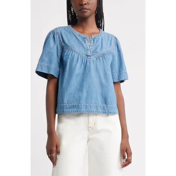 Treasure & Bond Shirred Short Sleeve Chambray Top