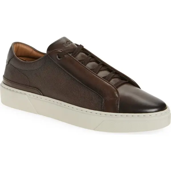 Hugo Boss Textured Leather Low Top Sneaker - Dark Brown