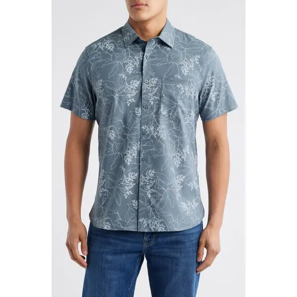 Nordstrom Botanical Print Short Sleeve Stretch Button-up Shirt - Blue Sketched Botanical