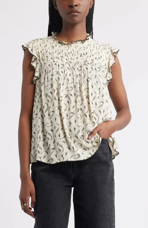 Treasure & Bond Shirred Ruffle Sleeve Top - Ivory- Black Grassy Meadow