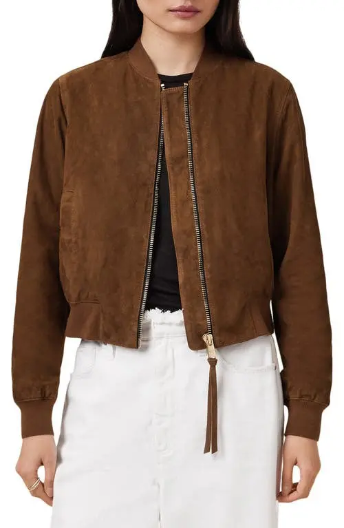 All Saints Osten Suede Bomber Jacket - Cognac Brown