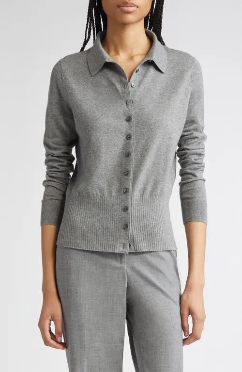 Lafayette 148 New York Rib Trim Button Front Polo Cardigan - Nickel Melange