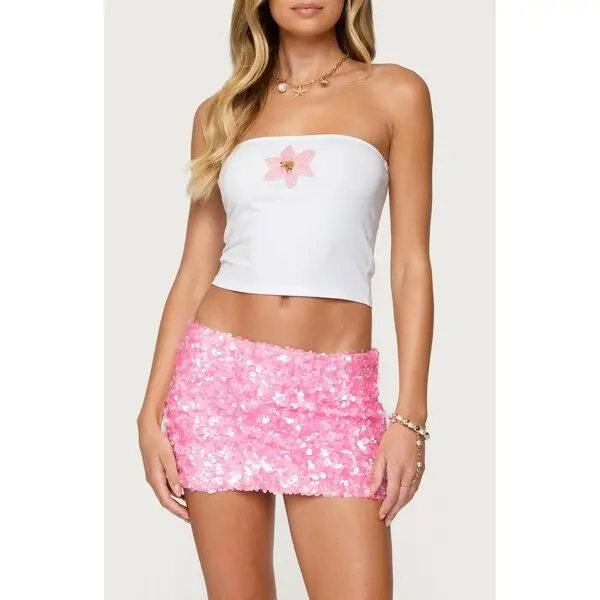 EDIKTED Luli Beaded Flower Crop Tube Top - White