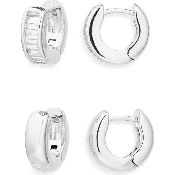 Nordstrom Set Of 2 Chubby Huggie Hoop Earrings - Clear- Silver