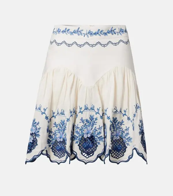 Agua Bendita Acai Embroidered Floral Linen Miniskirt - Beige