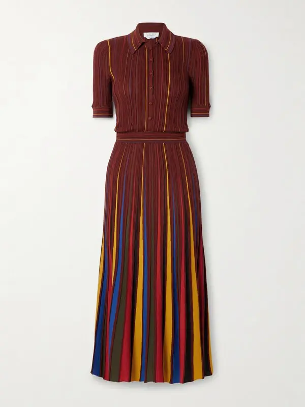 Gabriela Hearst Calypso Ribbed Striped Merino Wool Midi Dress - Burgundy