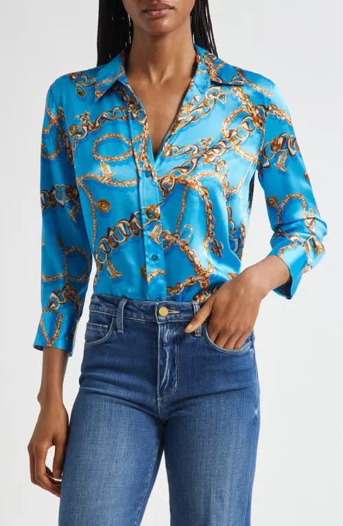 L'Agence Dani Chain Print Silk Button-up Shirt