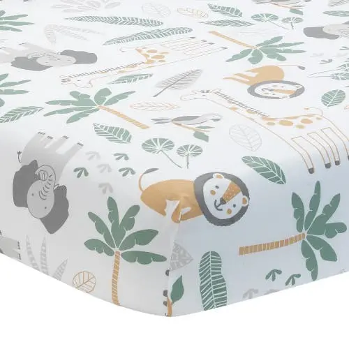 LAMBS & IVY Jungle Friends 100% Cotton Safari Animals Baby Fitted Crib Sheet - White Multicolor