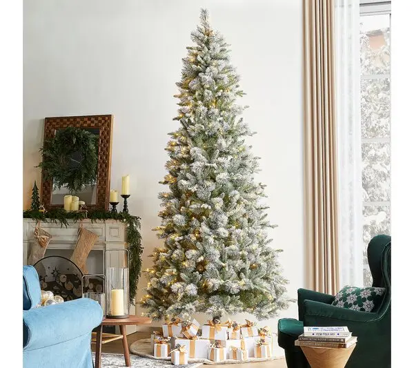 GLITZHOME 9' Led Pre-lit Flocked Slim Pine Faux Christmas Tree