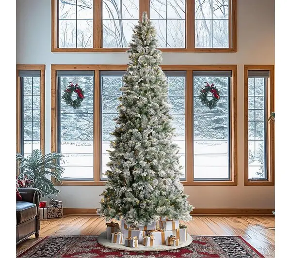 GLITZHOME 11' Pre-lit Flocked Slim Pine Faux Ch Ristmas Tree