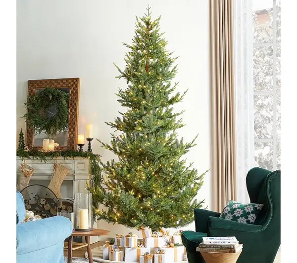 GLITZHOME 9' Led Green Upward Slim Fir Faux Chr Istmas Tree