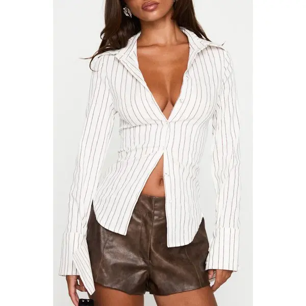 Princess Polly Madlin Stripe Long Sleeve Button-up Shirt - White Stripe