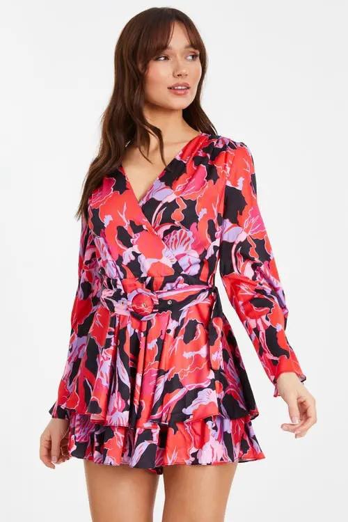 QUIZ Long Sleeve Wrap Romper - Multi Color