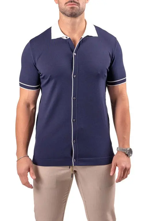 MACEOO Tipped Knit Short Sleeve Button-up Shirt