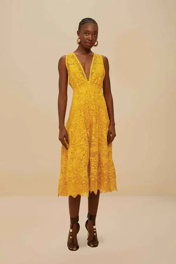 Farm Rio Landscape Guipure Midi Dress - Mustard | Editorialist