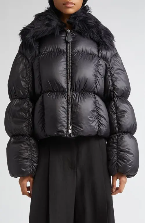 JIL SANDER Short Quilted Jacket With Detachable Faux Fur Collar - Black