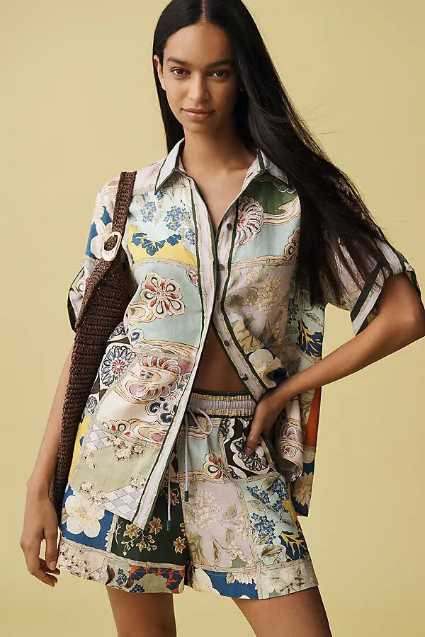 ALEMAIS Bianca Linen Buttondown Shirt - Green Pattern