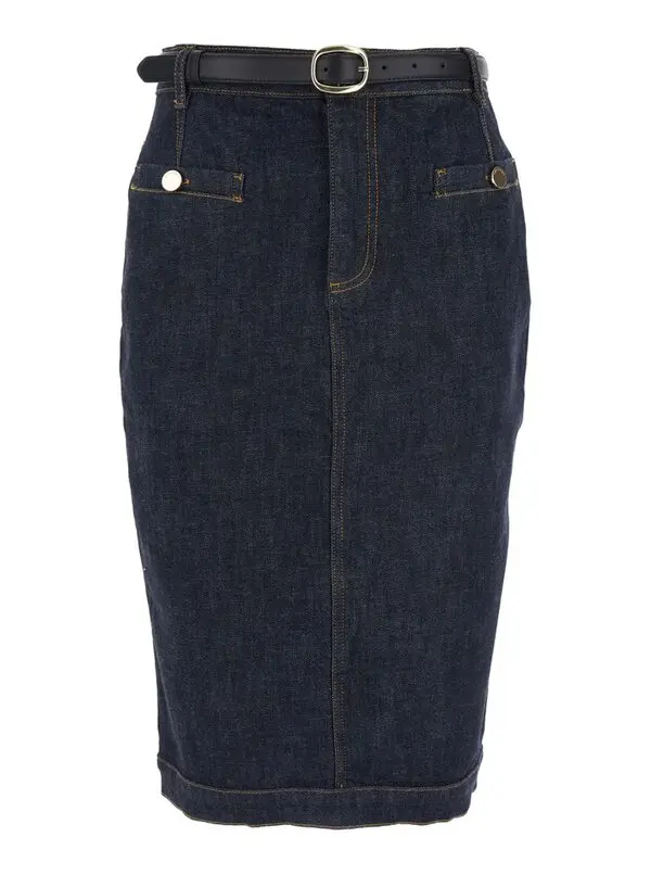 SELF-PORTRAIT Midi Denim Skirt With Leather Belt