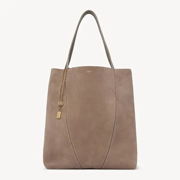 Chloé Large Spin Tote Bag In Suede Leather - Grey