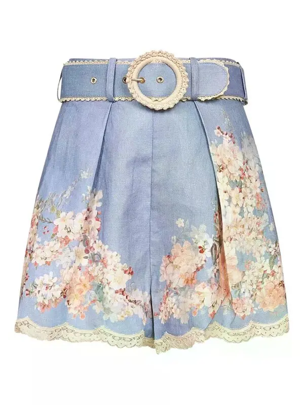 Zimmermann Floral-print Belted Shorts - Blue