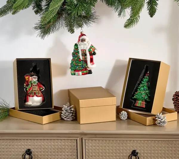 VALERIE PARR HILL Set Of 3 Handpainted Glass Ornaments W/box -valerie