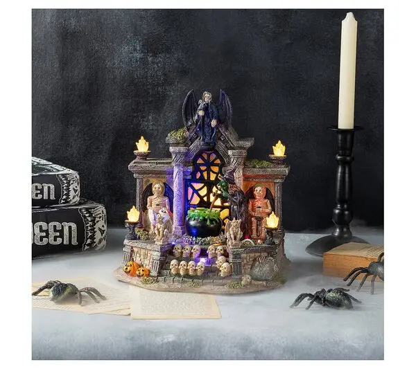 GLITZHOME 10'h Lighted Resin Halloween Haunted Ouse Village