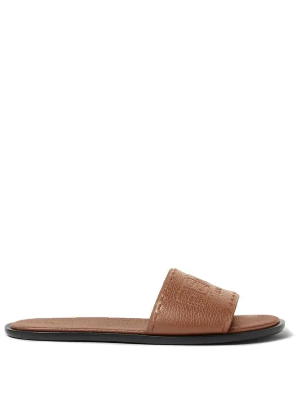 Fendi Roma Wide Band Leather Slides - Brown