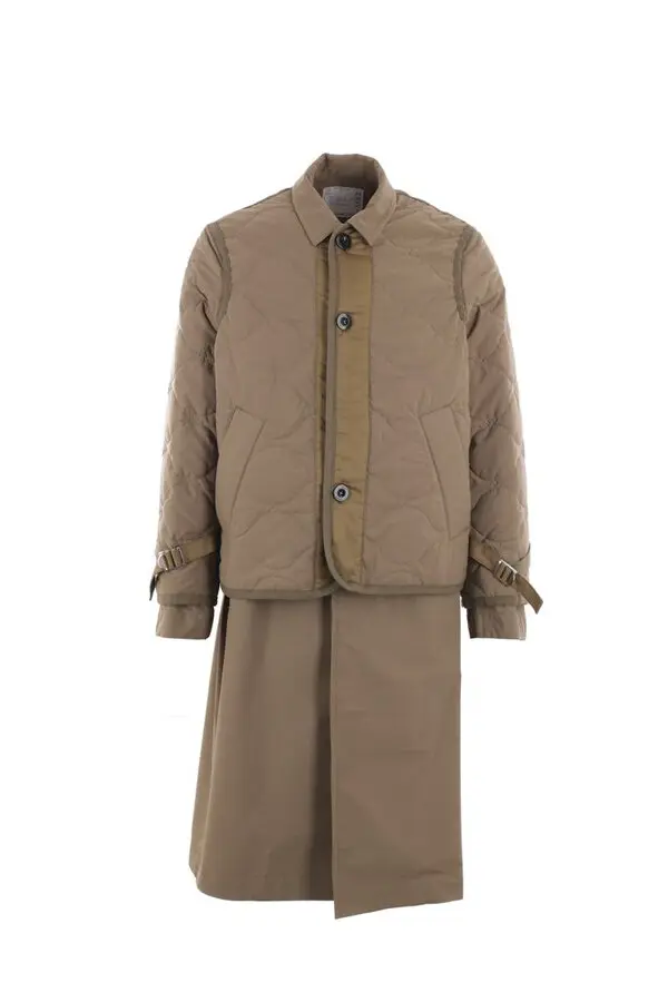 Sacai Single-breasted Overcoat With Quilted Jacket Overlay - Beige