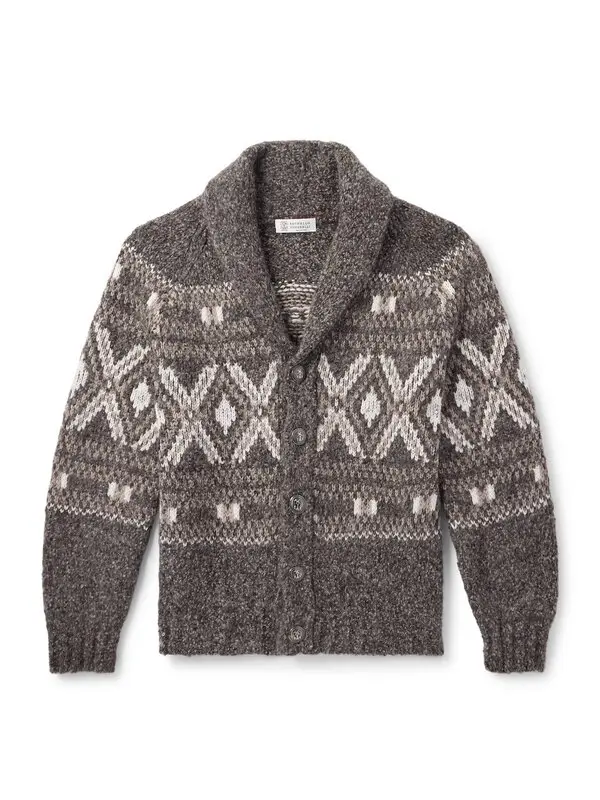 Brunello Cucinelli Shawl-collar Fair Isle Alpaca-blend Cardigan - Gray