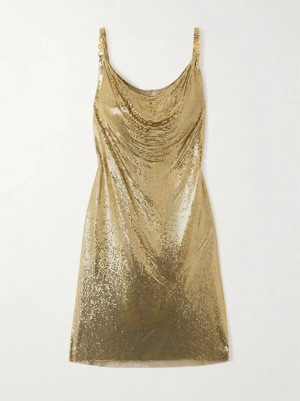 Versace Embellished Draped Chainmail Mini Dress - Gold