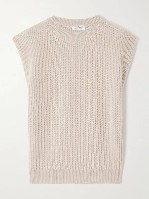 Brunello Cucinelli Ribbed Wool, Cashmere And Silk-blend Sweater - Neutrals
